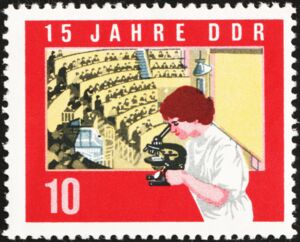 Stamp: Student with Microscope, Lecture Hall (Germany, Democratic ...