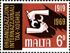 Stamp: ILO Emblem (sepia, gold and brown) (Malta(50th Anniversary of ...