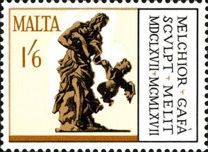 Stamp: "Baptism of Christ" (detail) (Malta(300th Death Anniversary of Melchior Gafa (1636-1667 ...