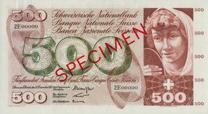 Banknote: 500 Franken/Francs/Franchi (Switzerland(1954-1977 Issue ...