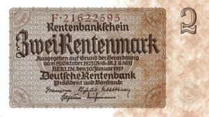 Banknote: 2 Rentenmark (Germany(1937 Issue - Rentenbank, Stabilization ...