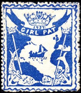 Stamp: Girl Pat: Trawler, map of Atlantic Ocean and nautical emblem ...