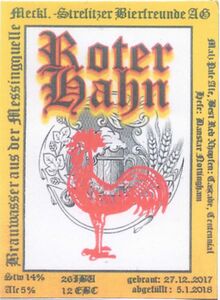 Drink Label: Roter hahn (Meckl.-Strelitzer Bierfreunde AG, Germany, Federal RepublicCol:DE-BEER ...