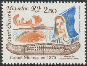 Stamp: 1875 Micmac Canoe (Saint Pierre and MiquelonMi:PM 601,Sn:PM 550 ...