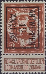 Stamp: Standing lion - Typo. overprint with ANTWERPEN 12 ANVERS ...
