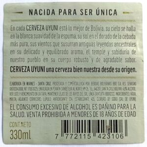 Drink Label: Uyuni (Bebidas Bolivianas BBO S.A., BoliviaCol:BO-BEER-000125