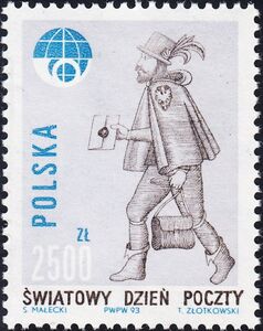 Stamp: World Post Day 1993 - Medieval Postman (PolandMi:PL 3469,Sn:PL ...