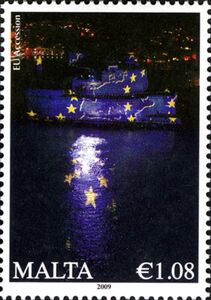 Stamp: Fort St Angelo illuminated with the EU flag - EU Accession ...