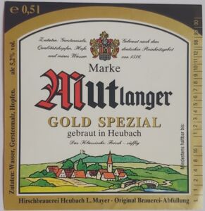 Drink Label: Mutlanger Gold Spezial (Hirschbrauerei Heubach GmbH & Co ...