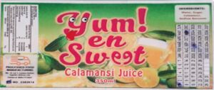 Drink Label: Yum! en Sweet Calamansi Juice (Processed Food ...
