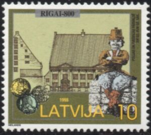 Stamp: Dannenstern House, Sculpture and Coins (Latvia(800th Anniversary ...