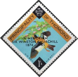 Stamp: Bird and flowering branch - Churchill Memorial (Cinderellas ...