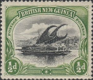 Stamp: Lakatoi with Hanuabada Village in Background (Papua(British New ...