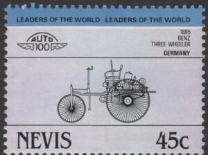 Stamp: Benz Three Wheeler, 1885 - technical drawing (Nevis(Leaders of ...