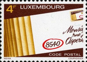 Stamp: Introduction of Postcodes (Postcoded Letter) (LuxembourgMi:LU ...