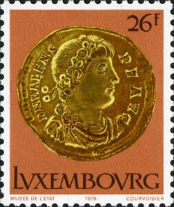 Stamp: Solidus (Gold Coin, c. 367-375 A.D.) of Emperor Valens ...
