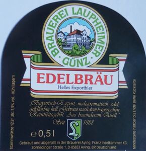 Etiqueta de bebida: Edelbrau Helles Exportbier (Brauerei Aying, Franz ...