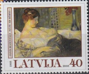 切手: Mother and Child by Janis Rozentals (1905) (ラトビア(Artworks of Latvian Painters) Mi:LV 636A,Sn ...