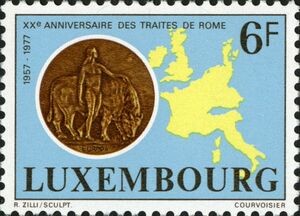 Sello: 20th Anniversary of Rome Treaties (LuxemburgoMi:LU 956,Sn:LU 606 ...