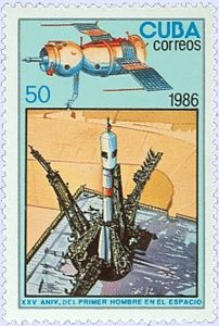Stamp: Soviet rocket on the launch pad (Cuba) (25th Anniv of First Man ...