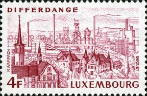Stamp: Tourism 1974: Landmarks (View of Differdange) (Luxembourg ...