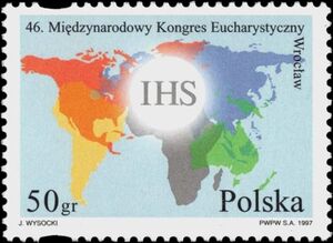 Stamp: Host with the letters IHS, stylized map of the World (PolandMi ...