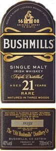 Drink Label: Bushmills Single Malt Irish 21 Years Old (Old Bushmills ...