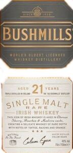 Drink Label: Bushmills Single Malt Irish 21 Years Old (Old Bushmills ...