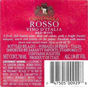 Drink Label: Conte Priola Rosso Prodotto d'italia (A.D.V., ItalyCol:IT ...