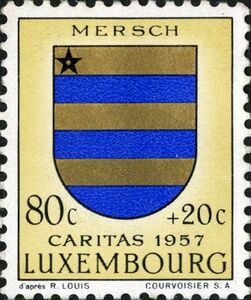 Sello: Arms of Canton "Mersch" (Background lemon) (Luxemburgo(National ...
