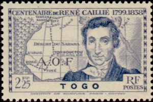 Stamp: René Caillié (1799-1838), french explorer; Map with itinerar ...