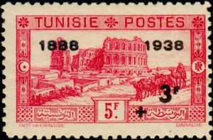 Stamp: Amphitheatre of El Jem overprinted and surcharged (Tunisia(Fiftieth anniversary of the ...