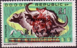 Stamp: African Buffalo (Syncerus caffer), Cattle Egret (Bubulcus ib (Biafra(Definitives from ...