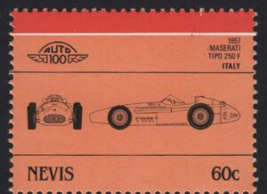 Stamp: Maserati "Tipo 250 F", 1957 - technical drawing (Nevis(Leaders ...