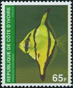 Stamp: African Moony (Monodactylus sebae) (Ivory Coast) (Fish (1980 ...