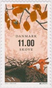 Stamp: Eurasian Red Squirrel (Sciurus vulgaris) on Tree (Denmark(Europa ...