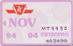 Transport Ticket: Adult November 1994 (TTC - Toronto Transit Commission ...