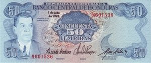 Billete de Banco: 50 Lempiras (Honduras(1975-1994 Regular Issue) Wor:P ...