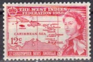 Stamp: The West Indies Federation - Map of Federation (Saint Kitts and ...